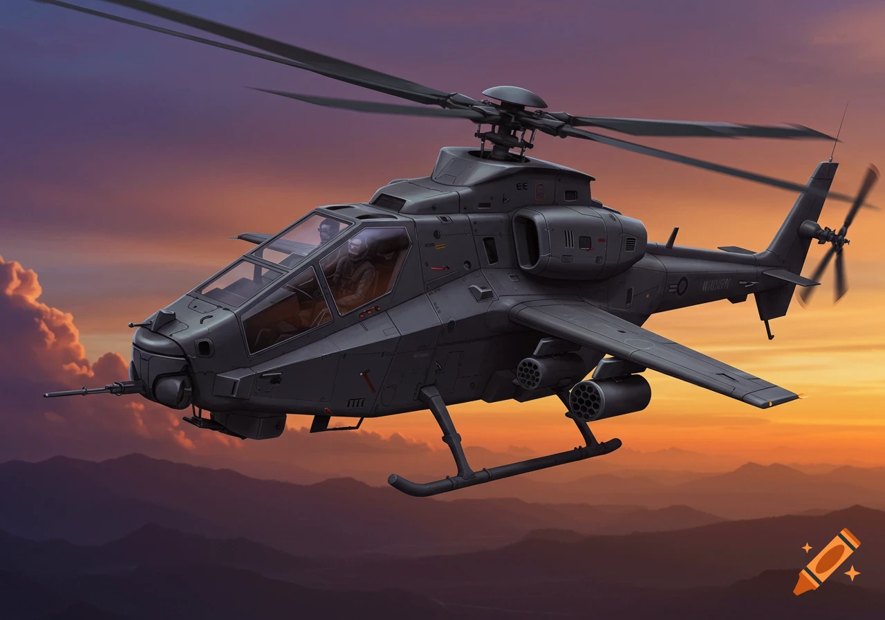A photorealistic image of an Apache AH-64 attack helicopter flying over ...