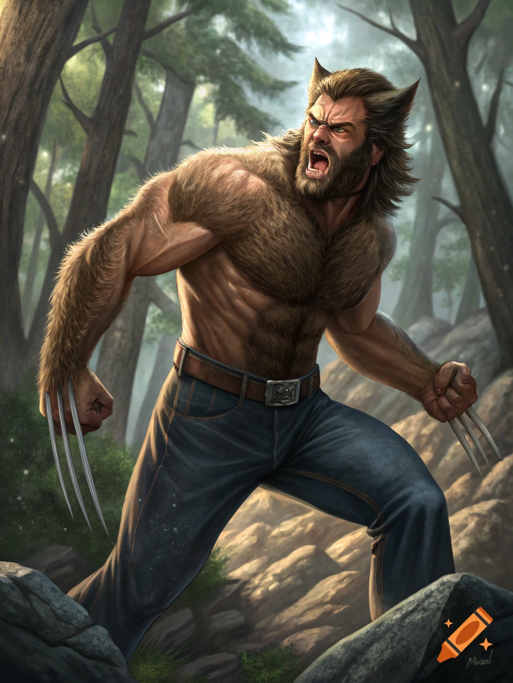 Muscular, hairy figure resembling Wolverine in a forest, snarling ...