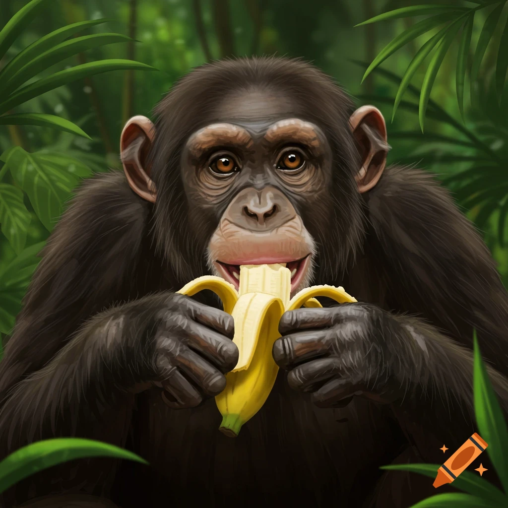 Smiling chimpanzee eating a banana in a jungle, illustration. on Craiyon