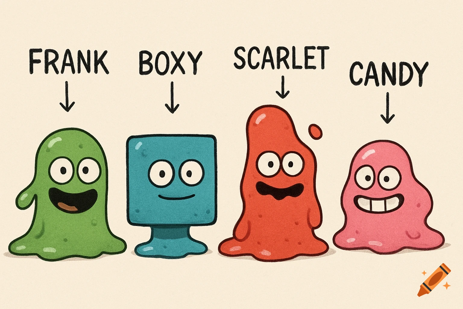 Illustration of four silly green, blue, red, and pink blob characters ...