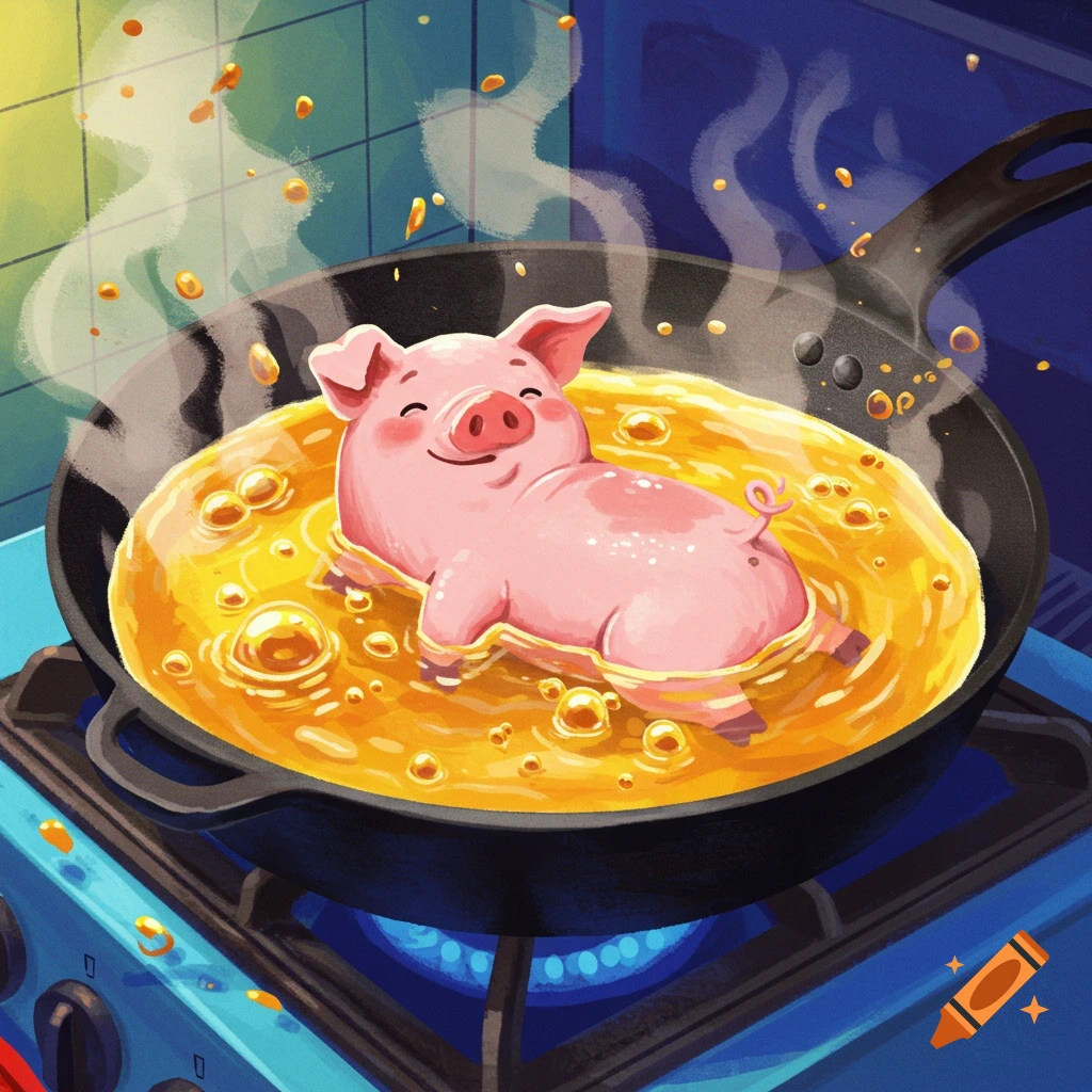 A cute pig swimming in a frying pan full of oil on a stove. on Craiyon