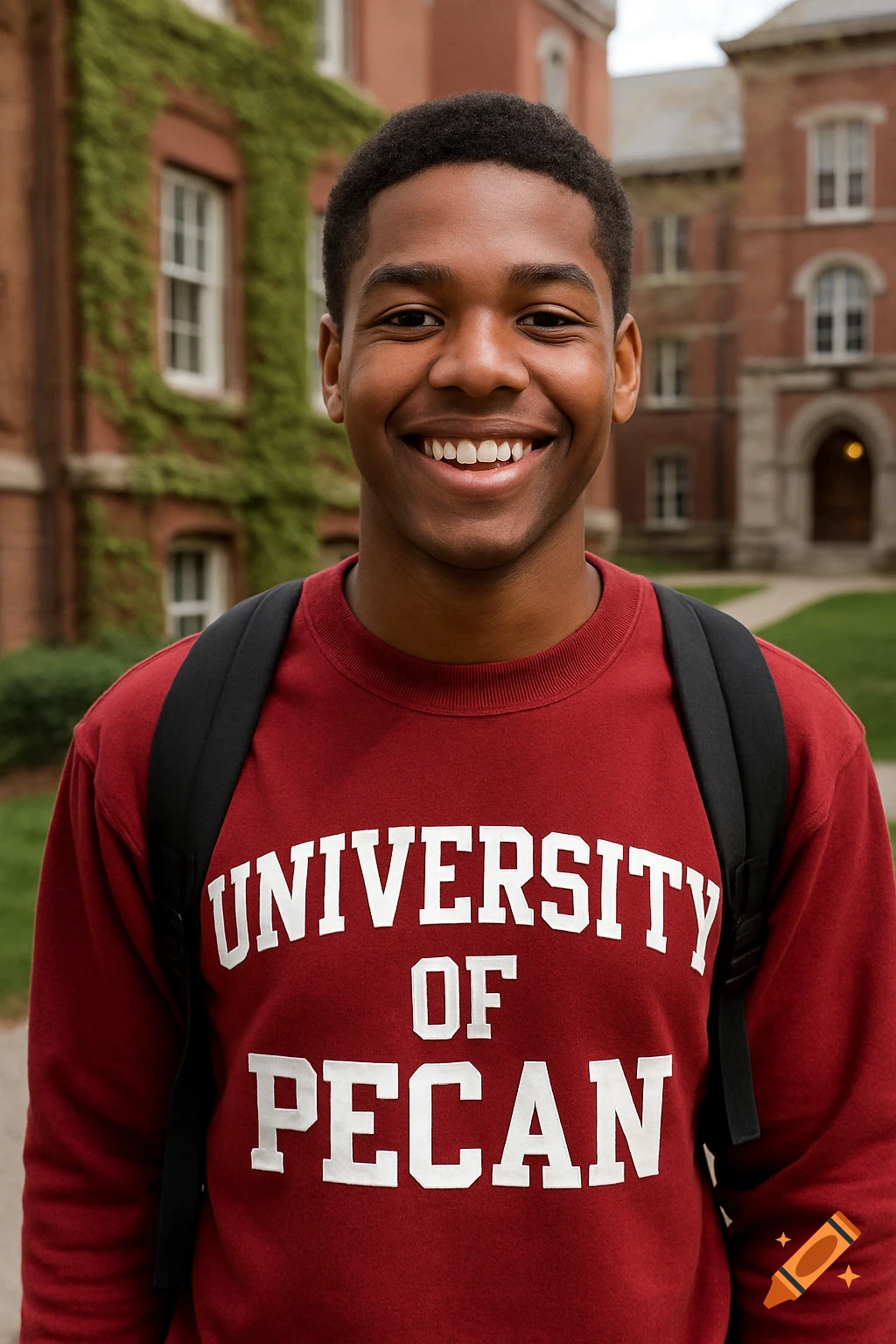 A young woman wearing a hoodie and backpack stands on a college campus ...