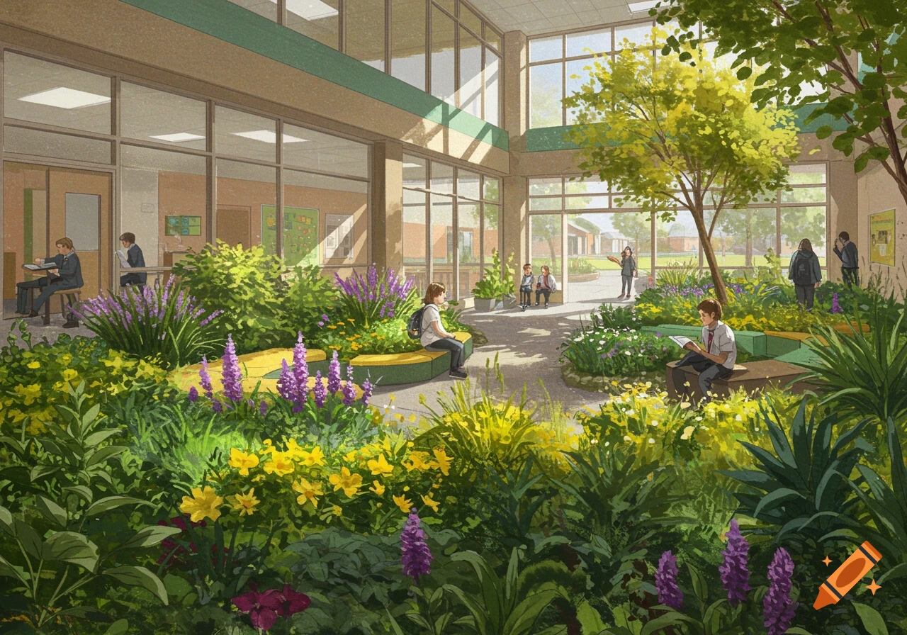 Indoor outdoor garden space in a school setting. on Craiyon