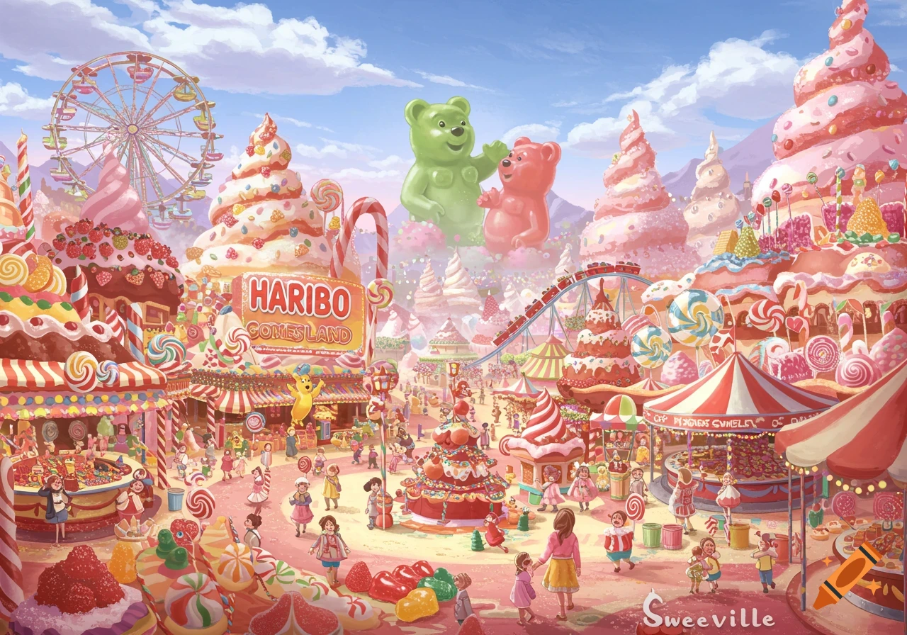 Sweetville candy fun fair with gummy bears and a roller-coaster on Craiyon