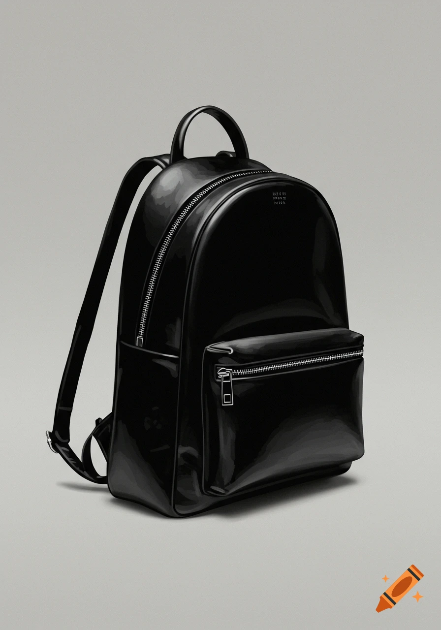 A glossy black backpack with a front zipper pocket. on Craiyon