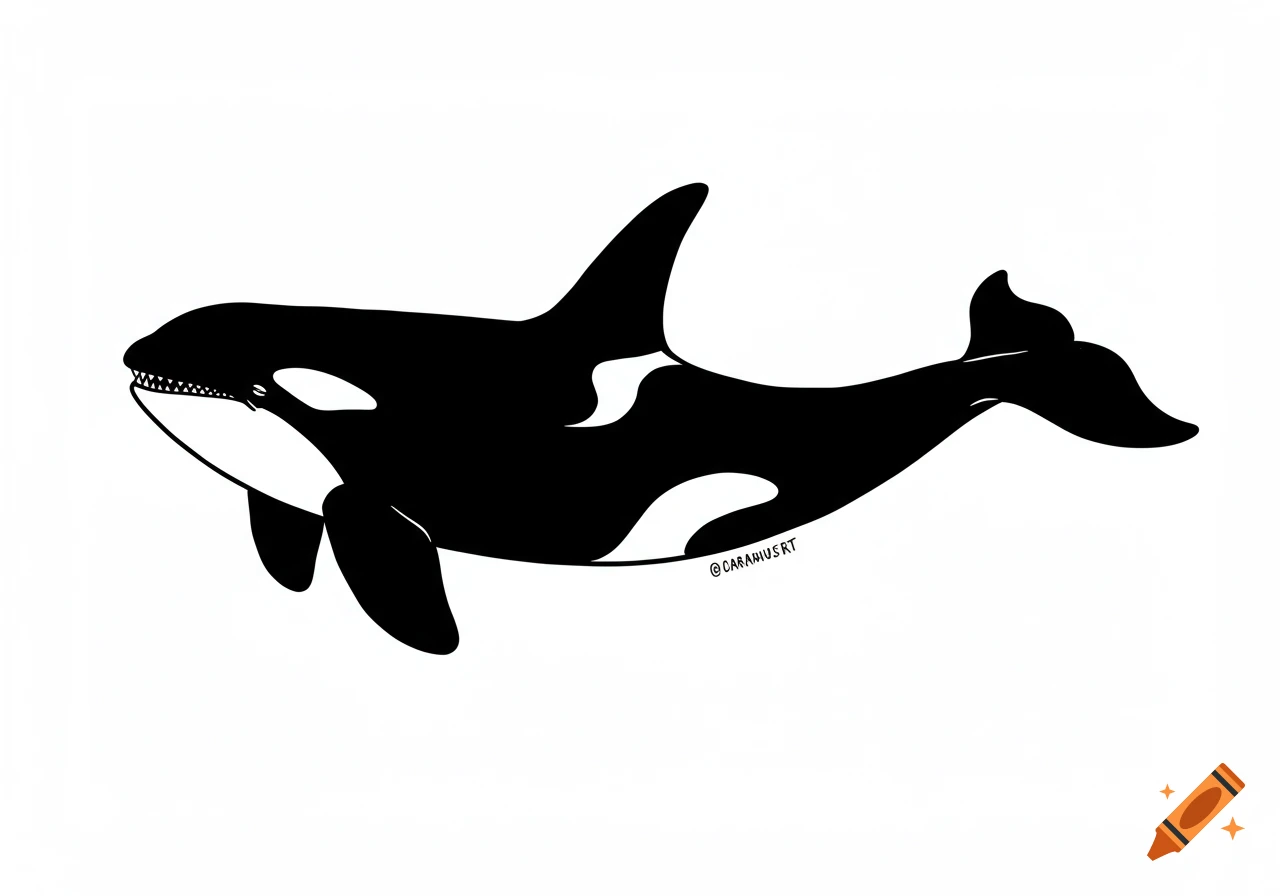 Black and white line drawing of an orca whale breaching towards a seal ...