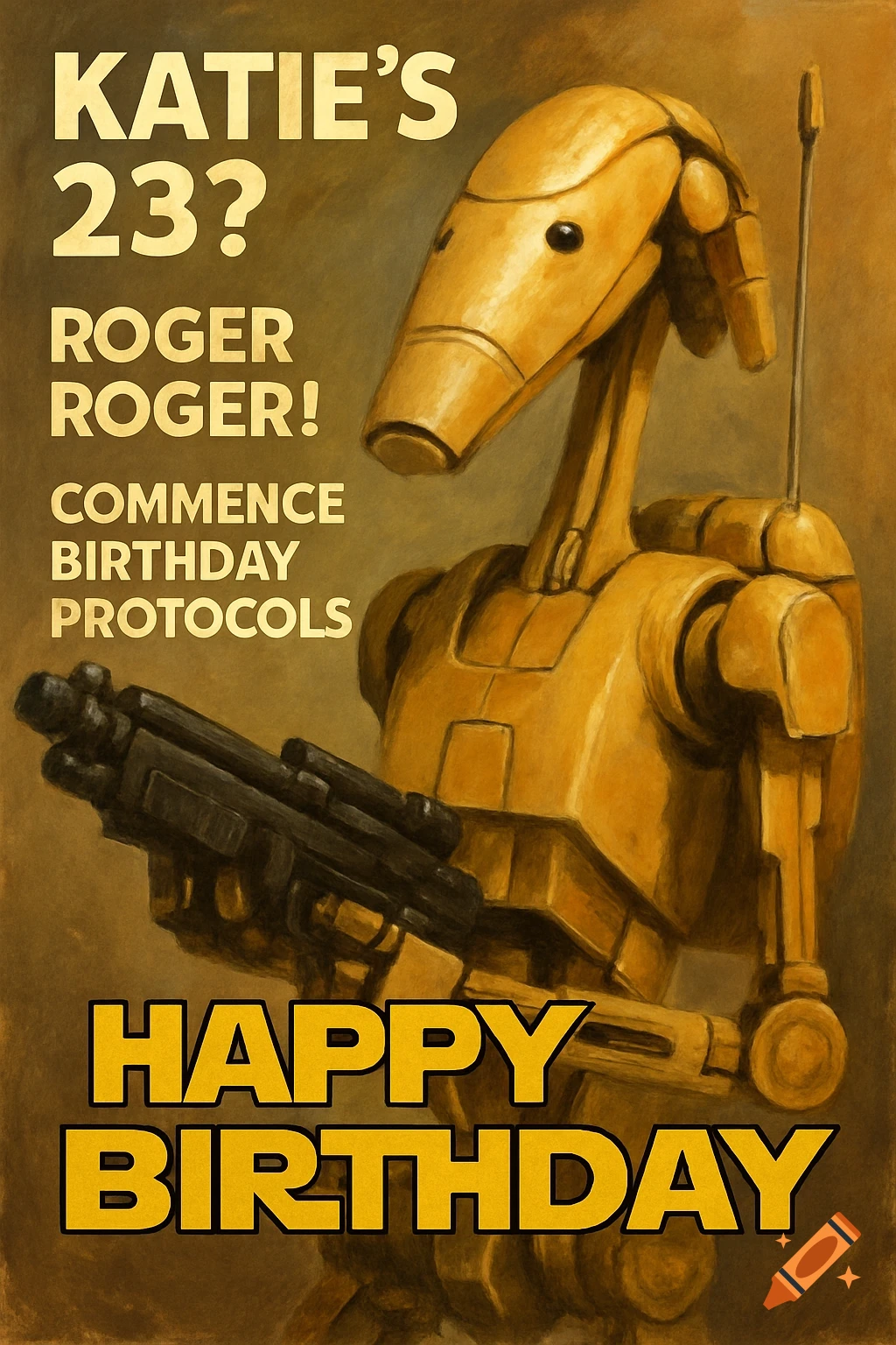 Tan B1 Star Wars battle droid wishing Katie a happy 23rd birthday in ...