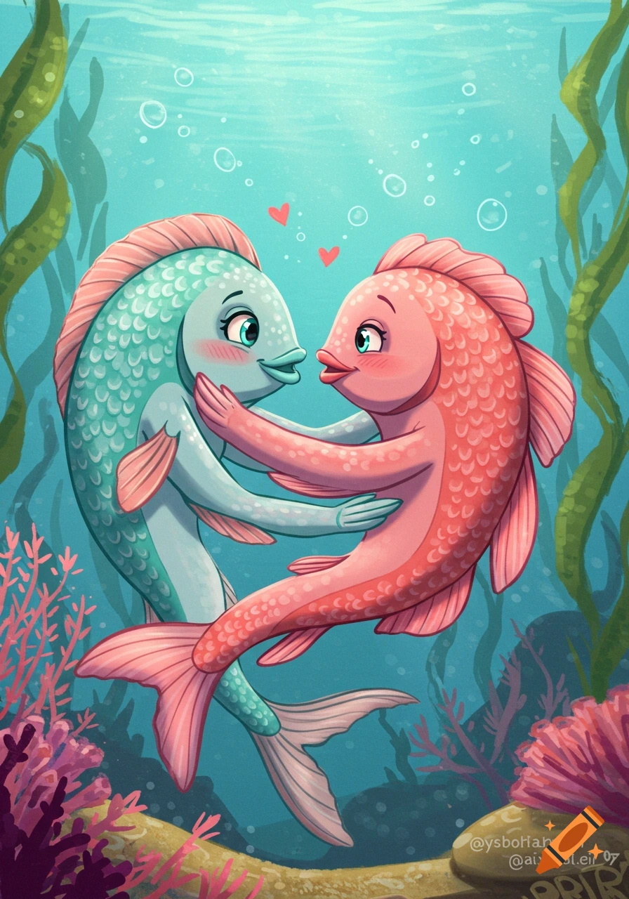 Two cartoon fish hugging underwater on Craiyon