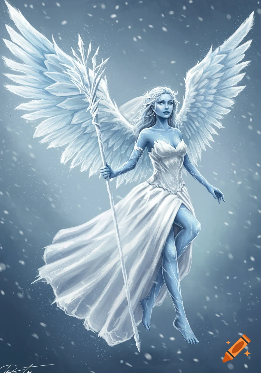 A flying ice angel with large wings and a staff, wearing a white dress ...