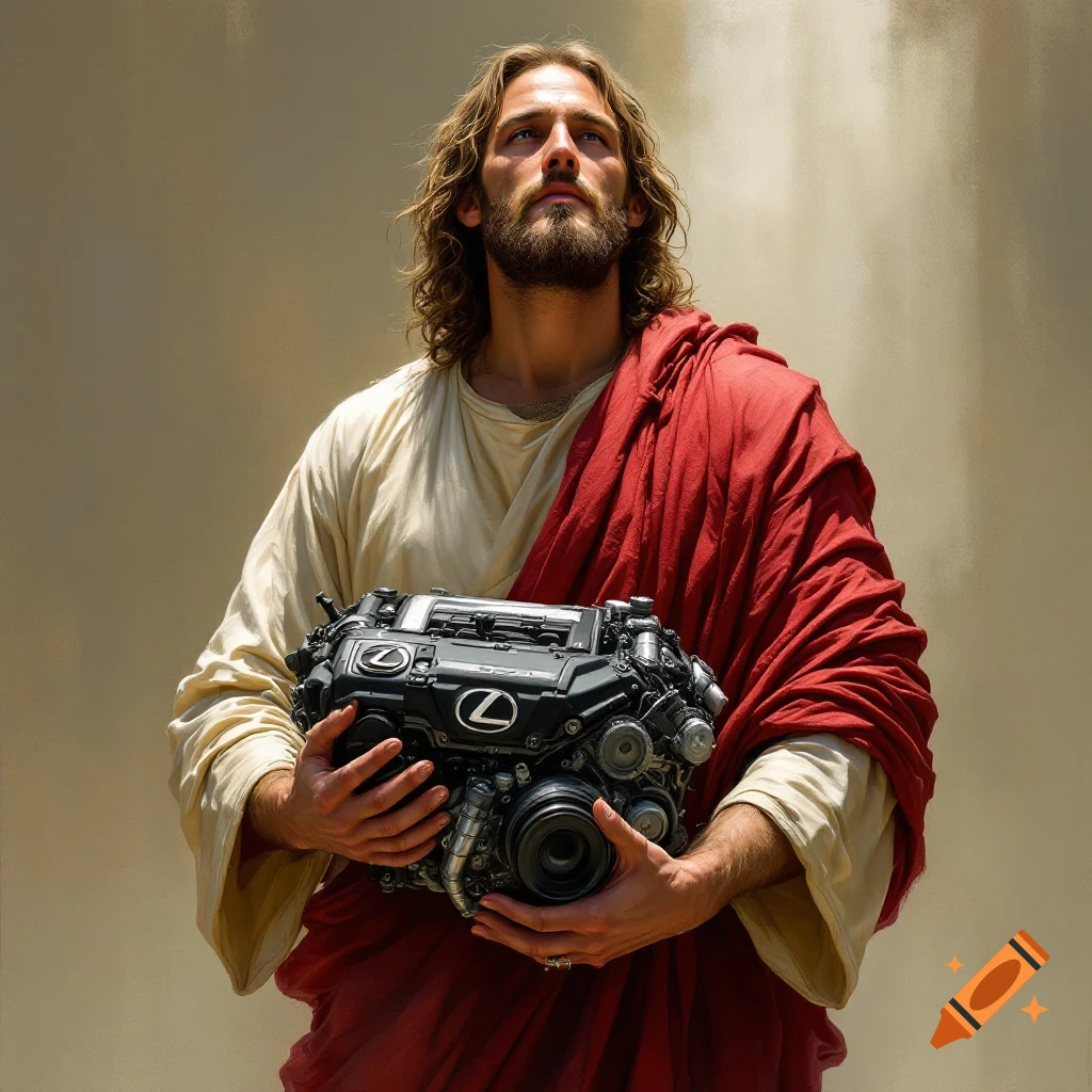 Vin Diesel as Jesus Christ holding a Lexus IS250 2.5L engine on Craiyon