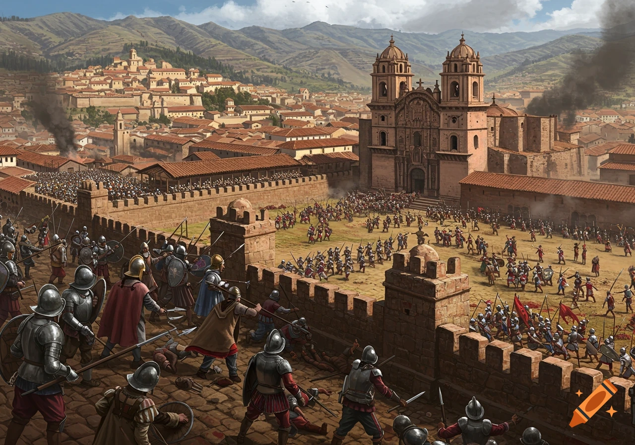 An ancient city under siege, with soldiers fighting on the walls and in ...