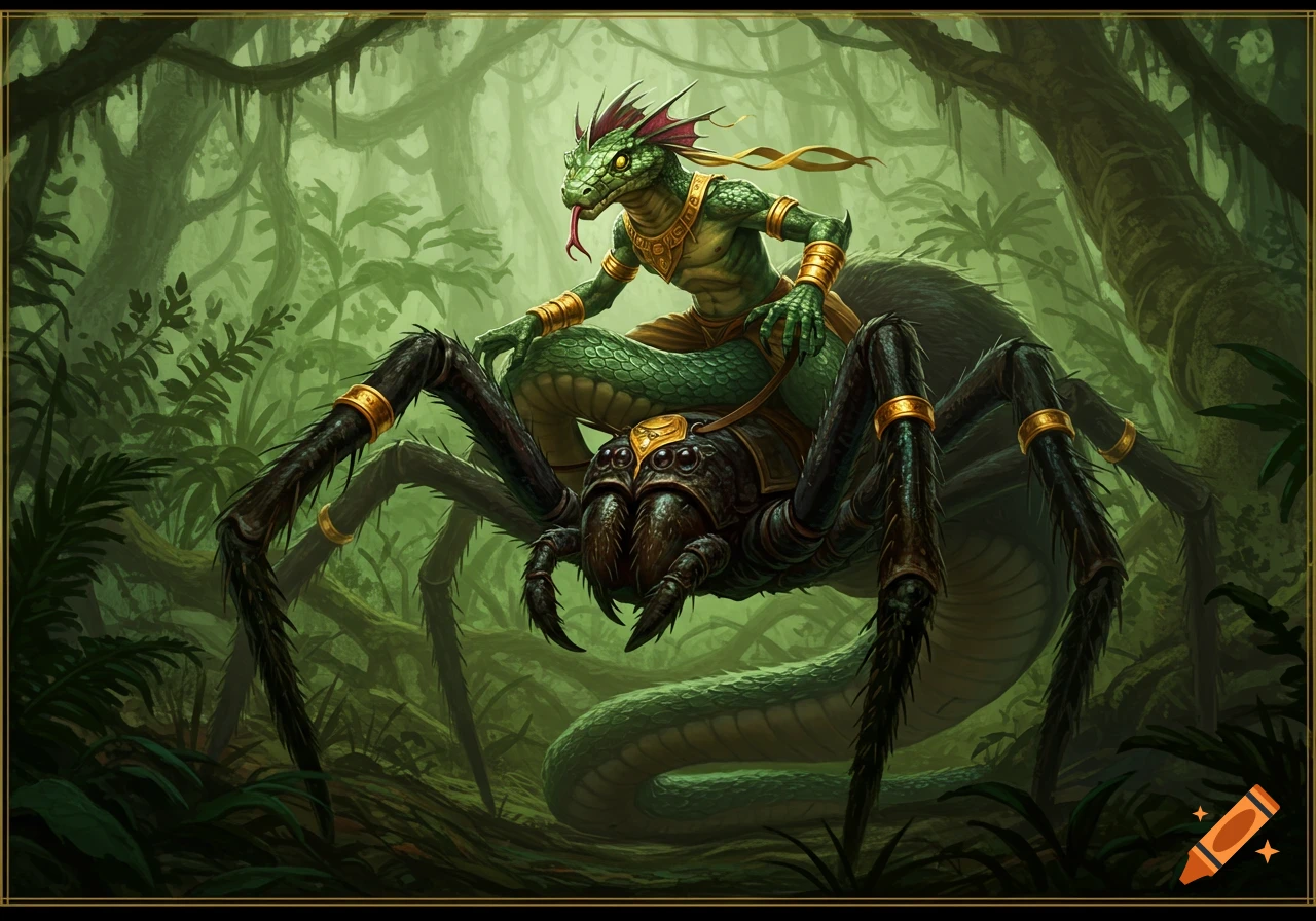 A snake-humanoid rides a large spider in a jungle. on Craiyon