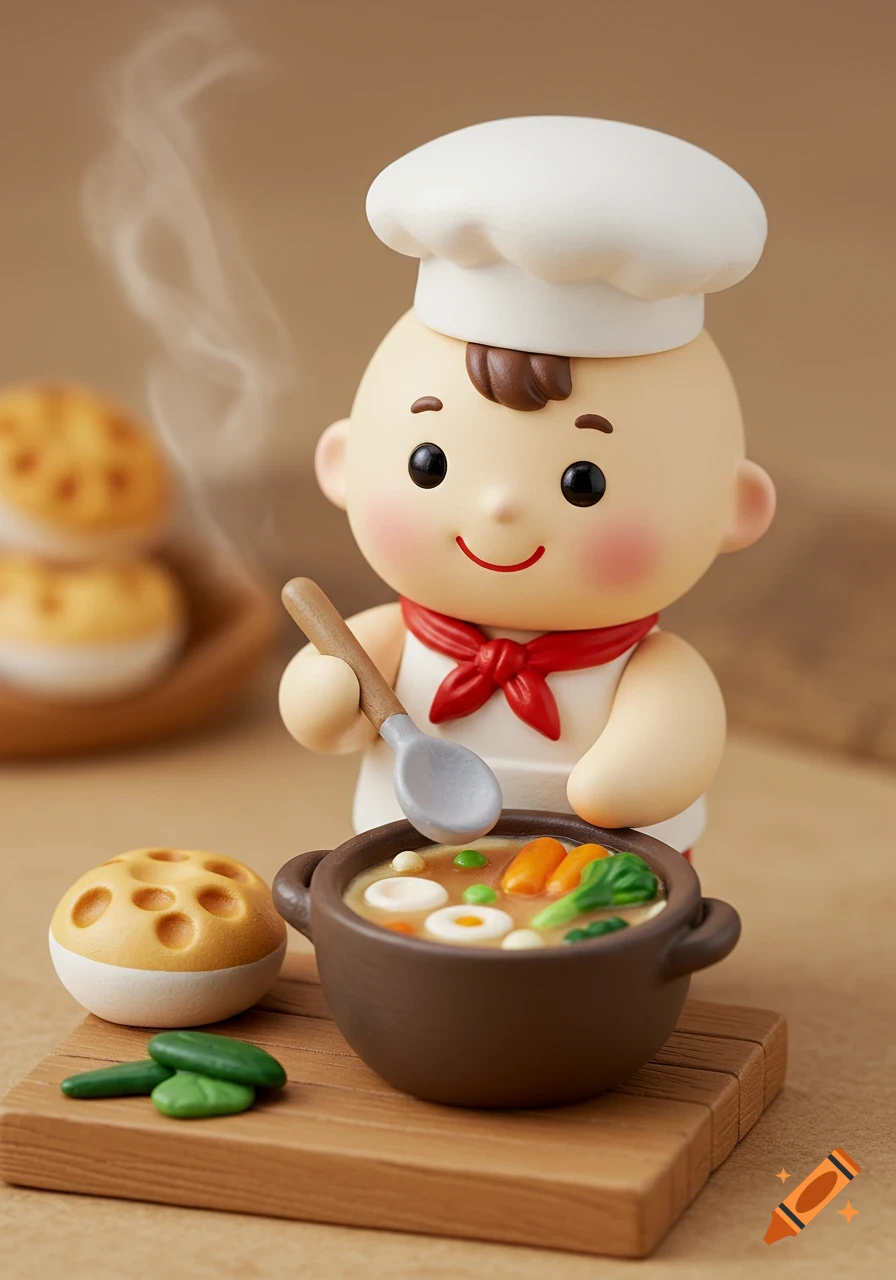 Chibi kodaka doughboy figurine making soup, macro photography on Craiyon