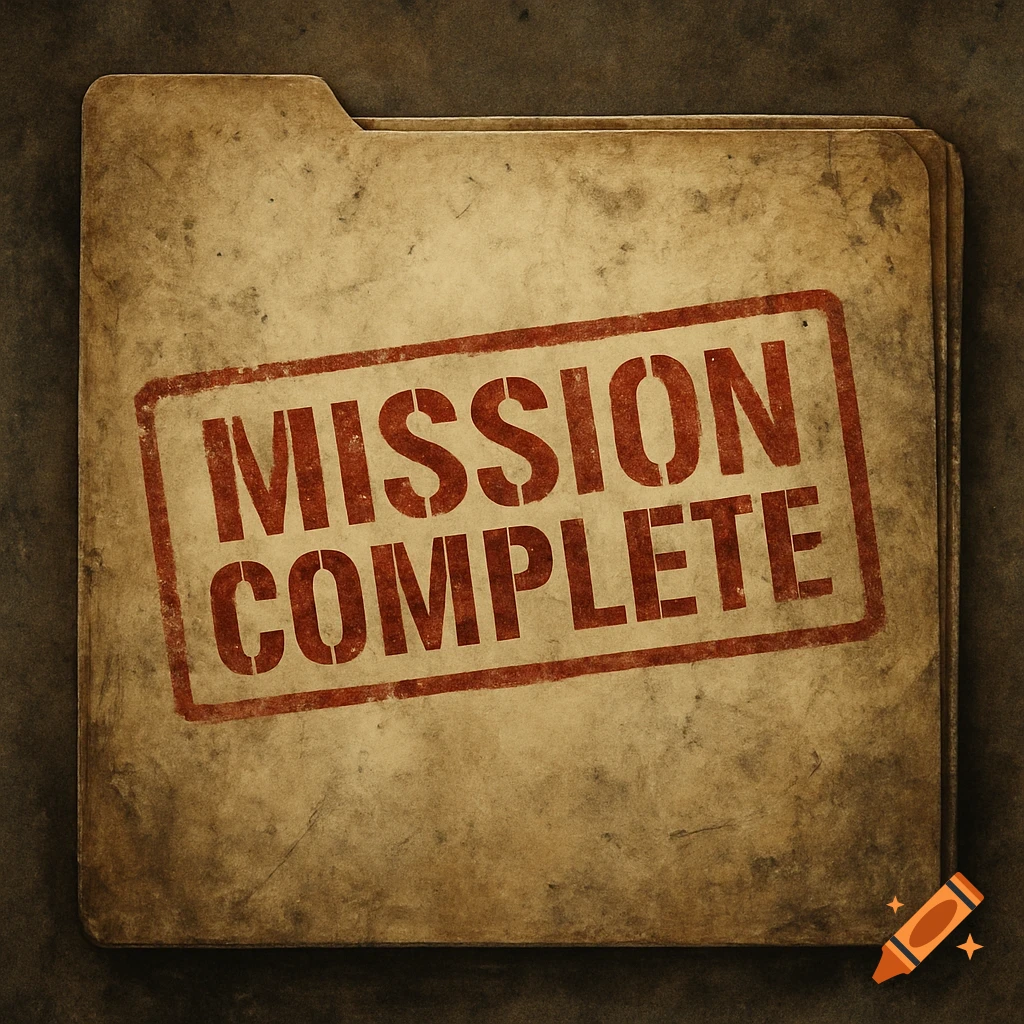 Grungy Mission Complete stamp on file folder on Craiyon