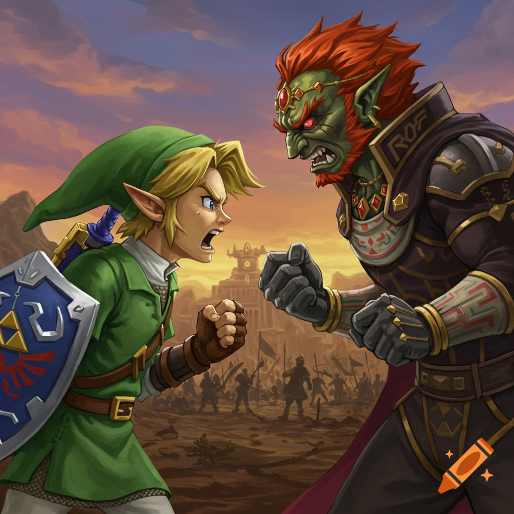 Link and Ganondorf face off with clenched fists, a battle scene in the ...