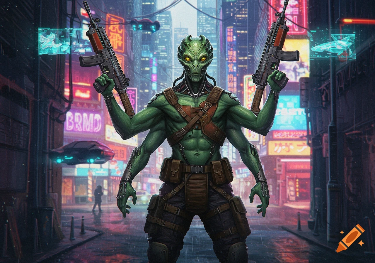 An illustration of a four-armed green alien wearing a yellow hard hat ...