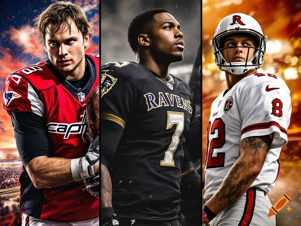 Three football players pose in split-frame portraits, wearing red ...