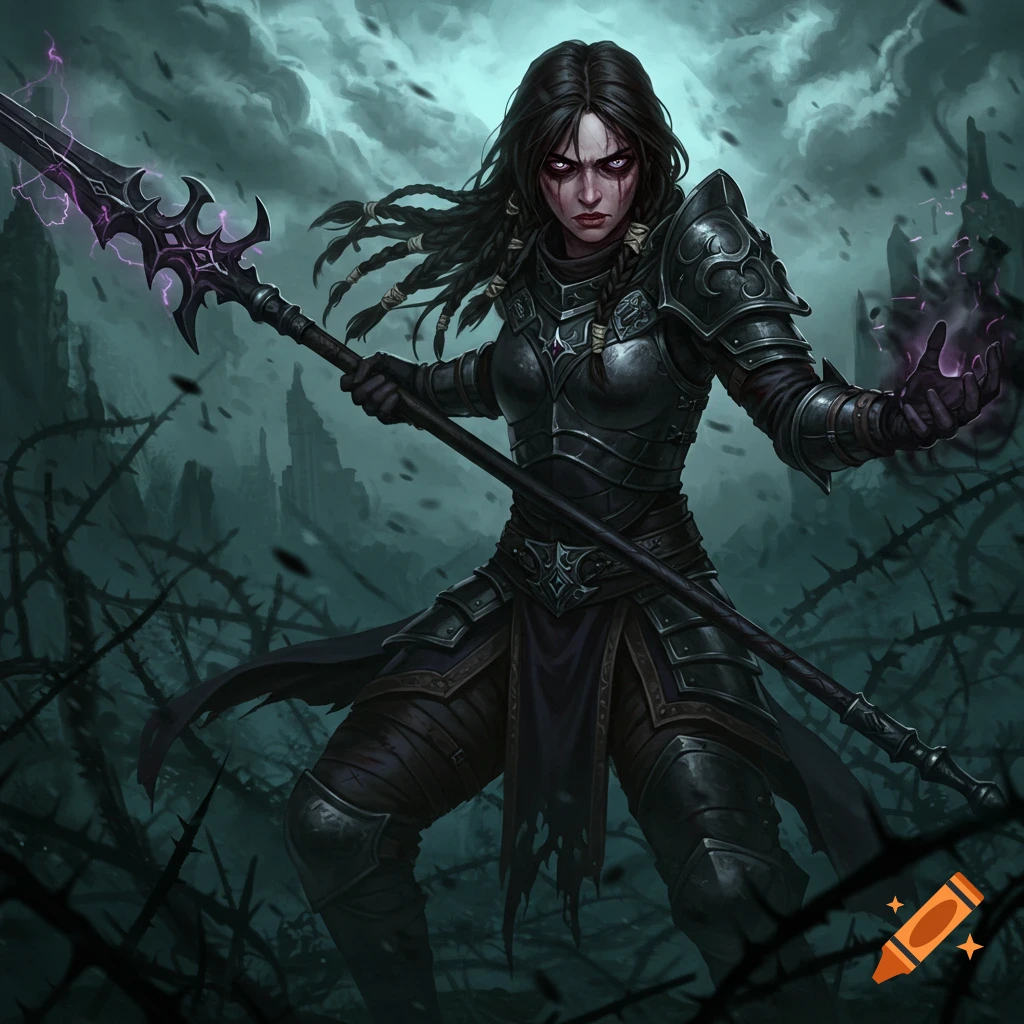 A female fantasy warrior with purple skin, horns, and glowing eyes ...