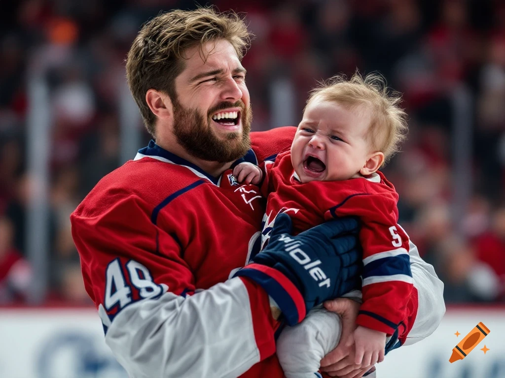 A hockey player in uniform holds a crying baby also wearing a matching ...