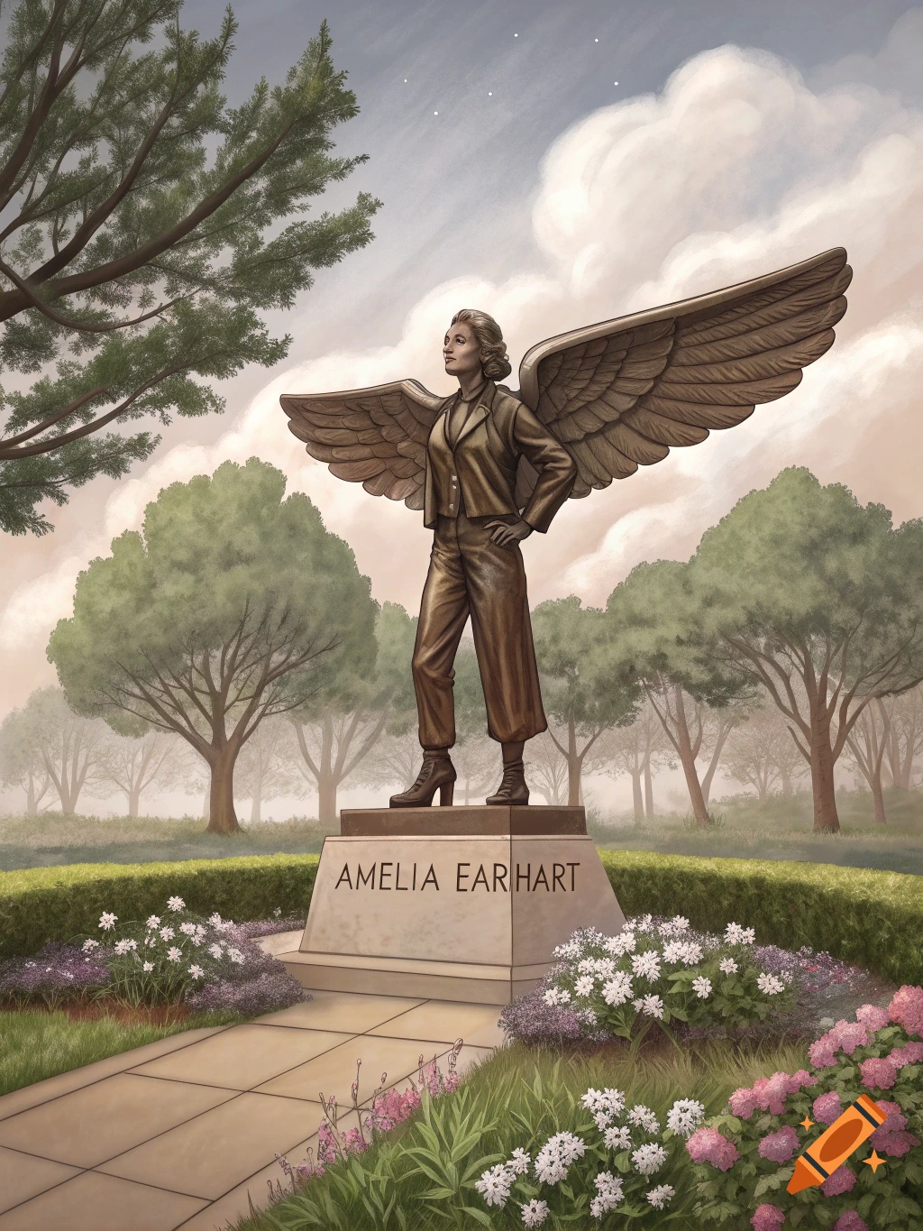 A monument of Amelia Earhart with wings standing in a park. on Craiyon