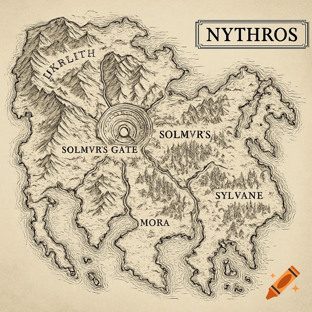 Fantasy map blueprint of Nythros with mountains, rivers, forests, and ...