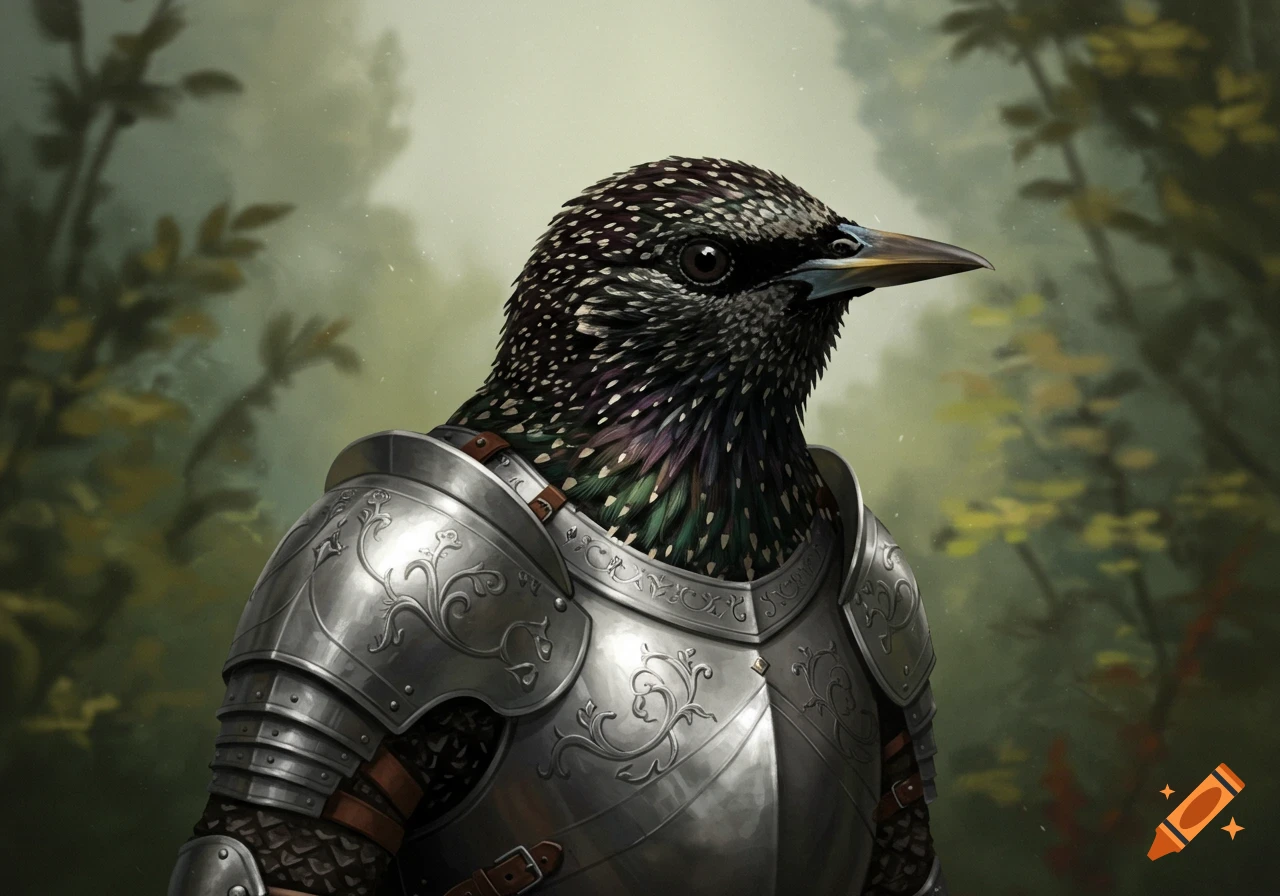 A starling bird wearing plate armor in a forest. on Craiyon