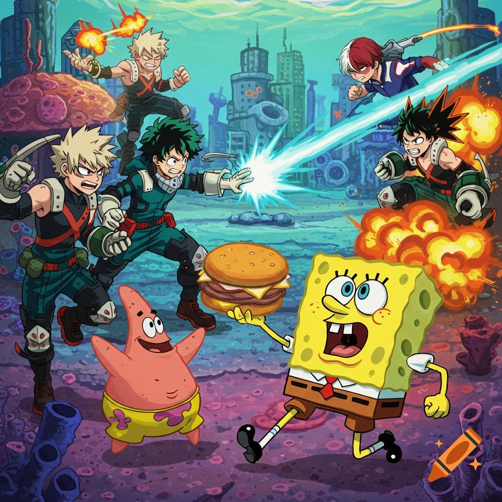 Spongebob battles My Hero Academia characters in a dynamic anime ...