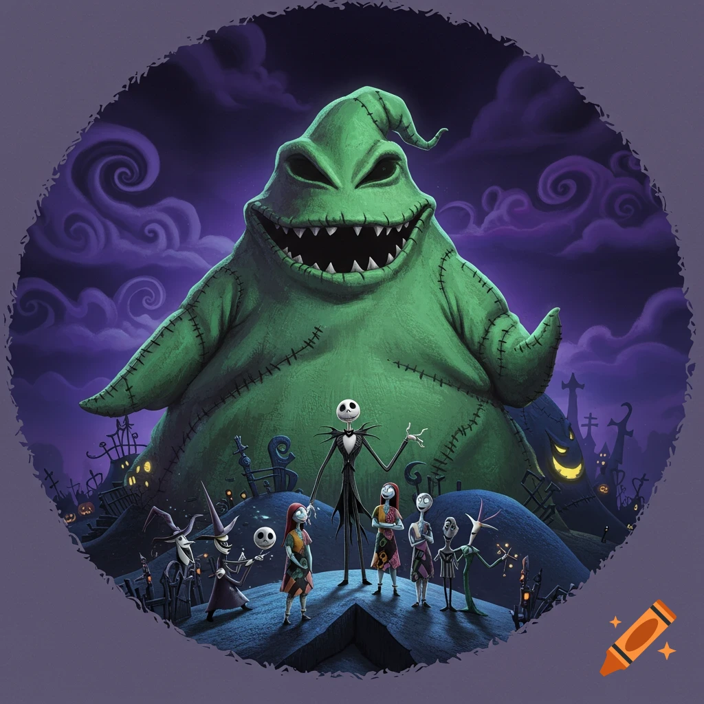 Nightmare Before Christmas characters with Oogie Boogie mountain on Craiyon