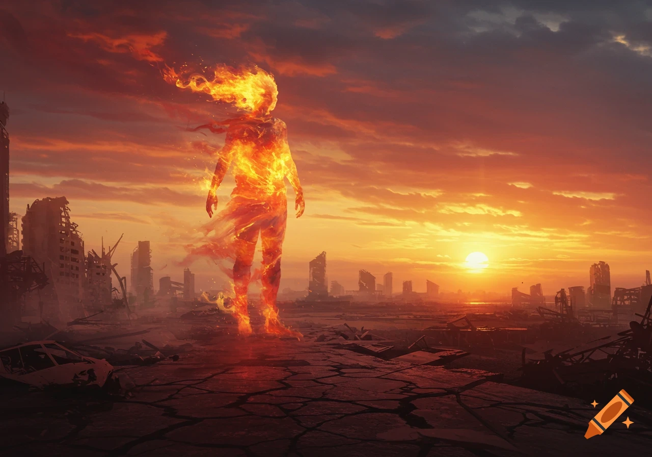A fiery figure stands looking over a ruined city as the sun sets. on ...
