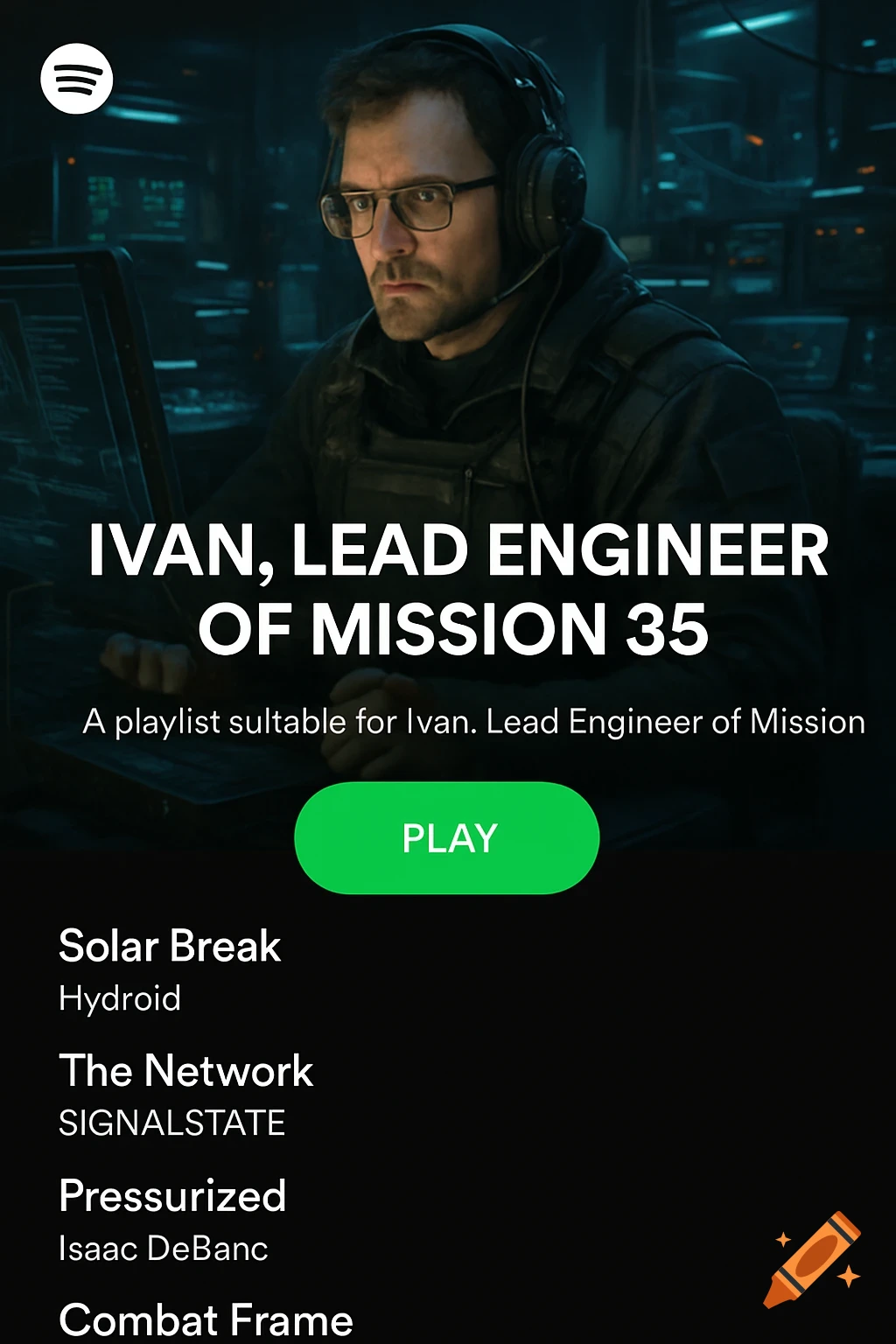 Ivan, Lead Engineer of Mission 35, surrounded by high-tech gear on Craiyon