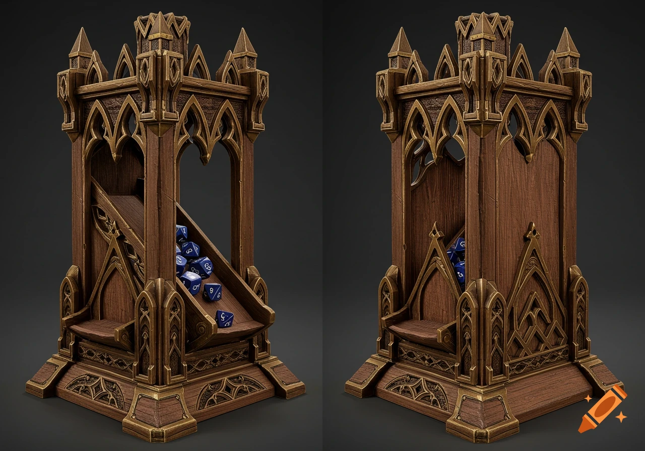 3D render of a medieval fantasy dice tower on Craiyon