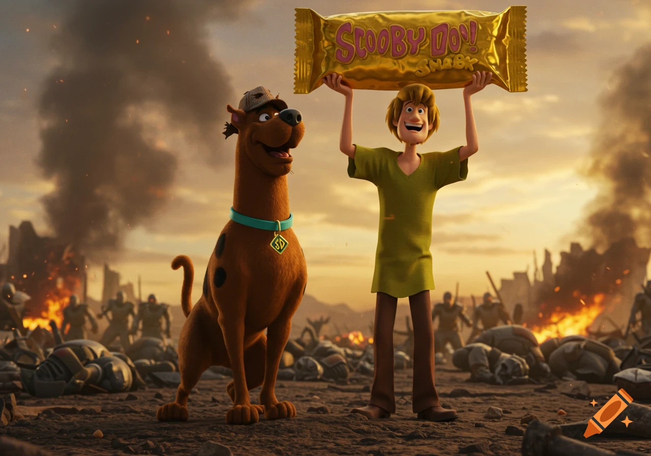 Scooby-Doo enjoying a Scooby snack on a battlefield on Craiyon