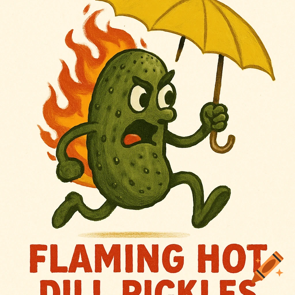 Flaming pickle running with umbrella, text "Flaming Hot Dill Pickles ...