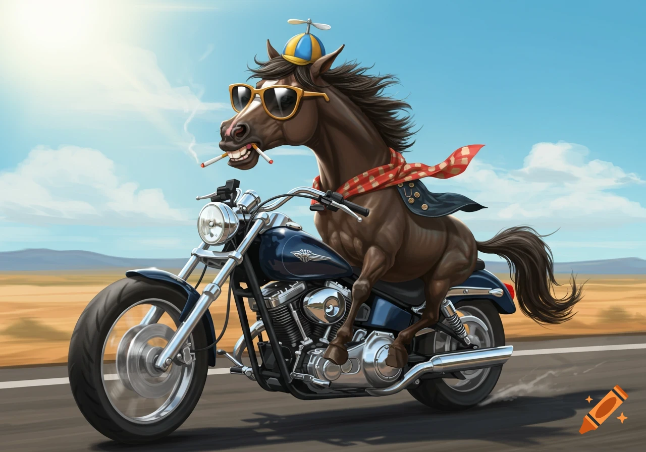 Horse with shades and propeller hat on motorcycle, smoking cigarette on ...