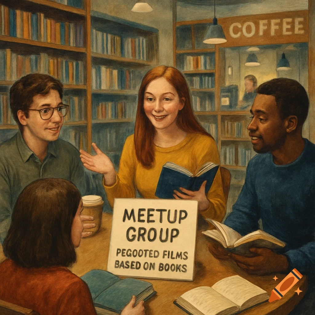 Meetup group discussing rebooted book-based films in a coffee shop at a ...