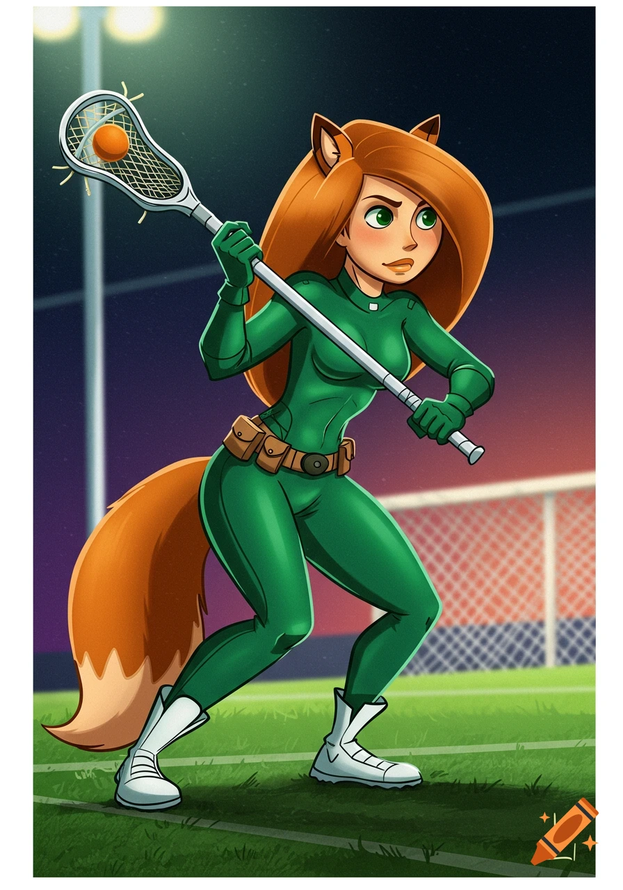 Kim Possible in a green fox suit playing lacrosse on Craiyon