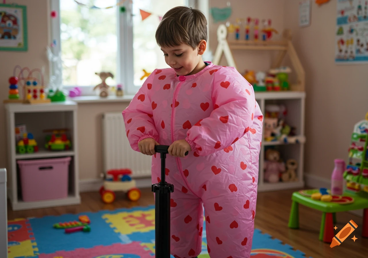 Boy inflating pink PVC inflatable suit in bedroom on Craiyon