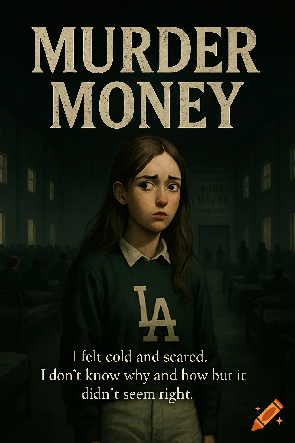 Book cover for 'Murder Money' featuring a scared young woman in a dark ...