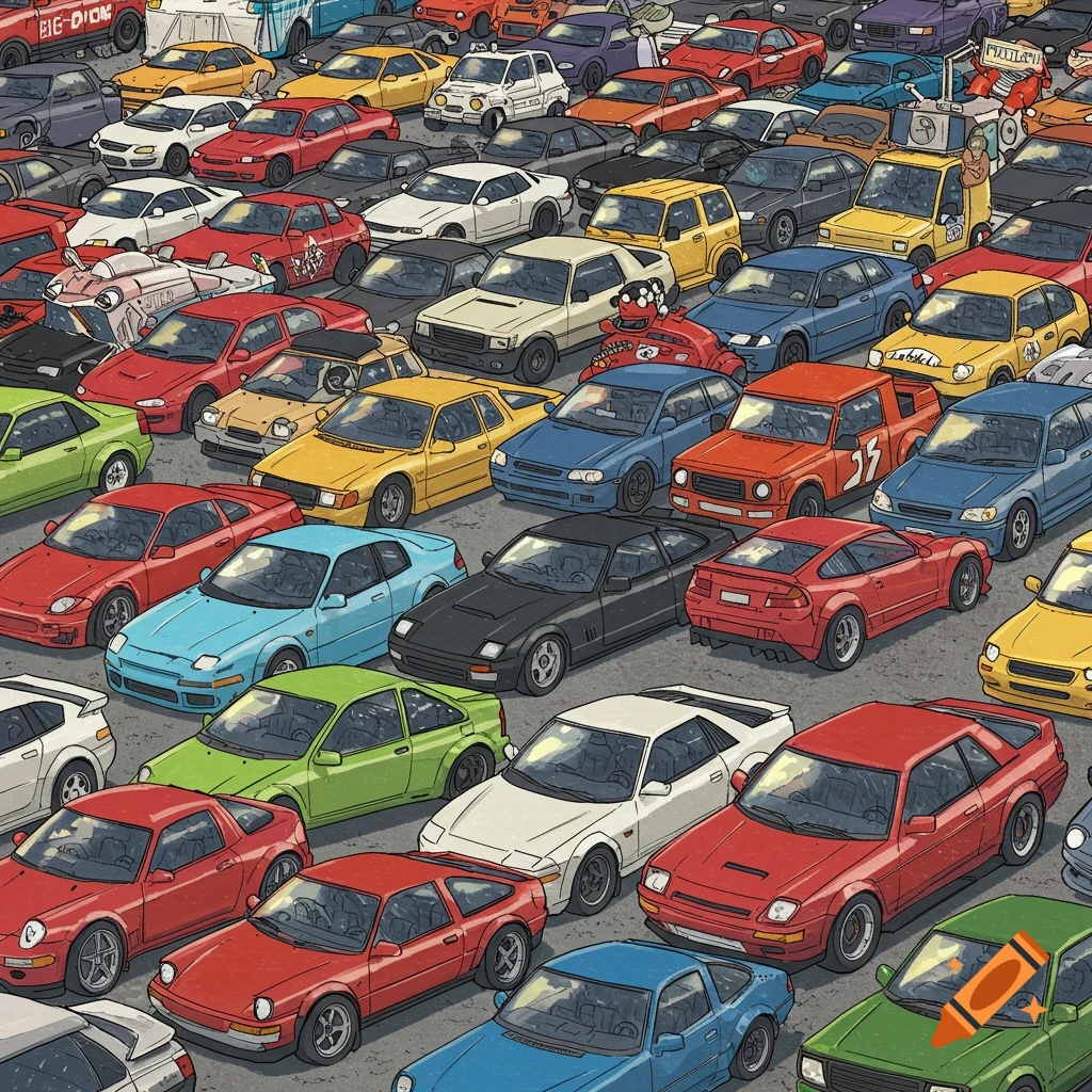 A crowded street filled with many different colorful cars from various ...