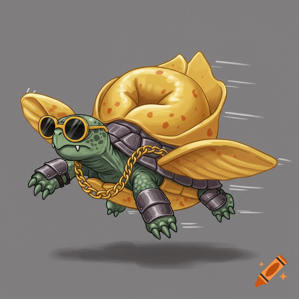 Cartoon of a flying vampire turtle with tortellini shell, sunglasses ...