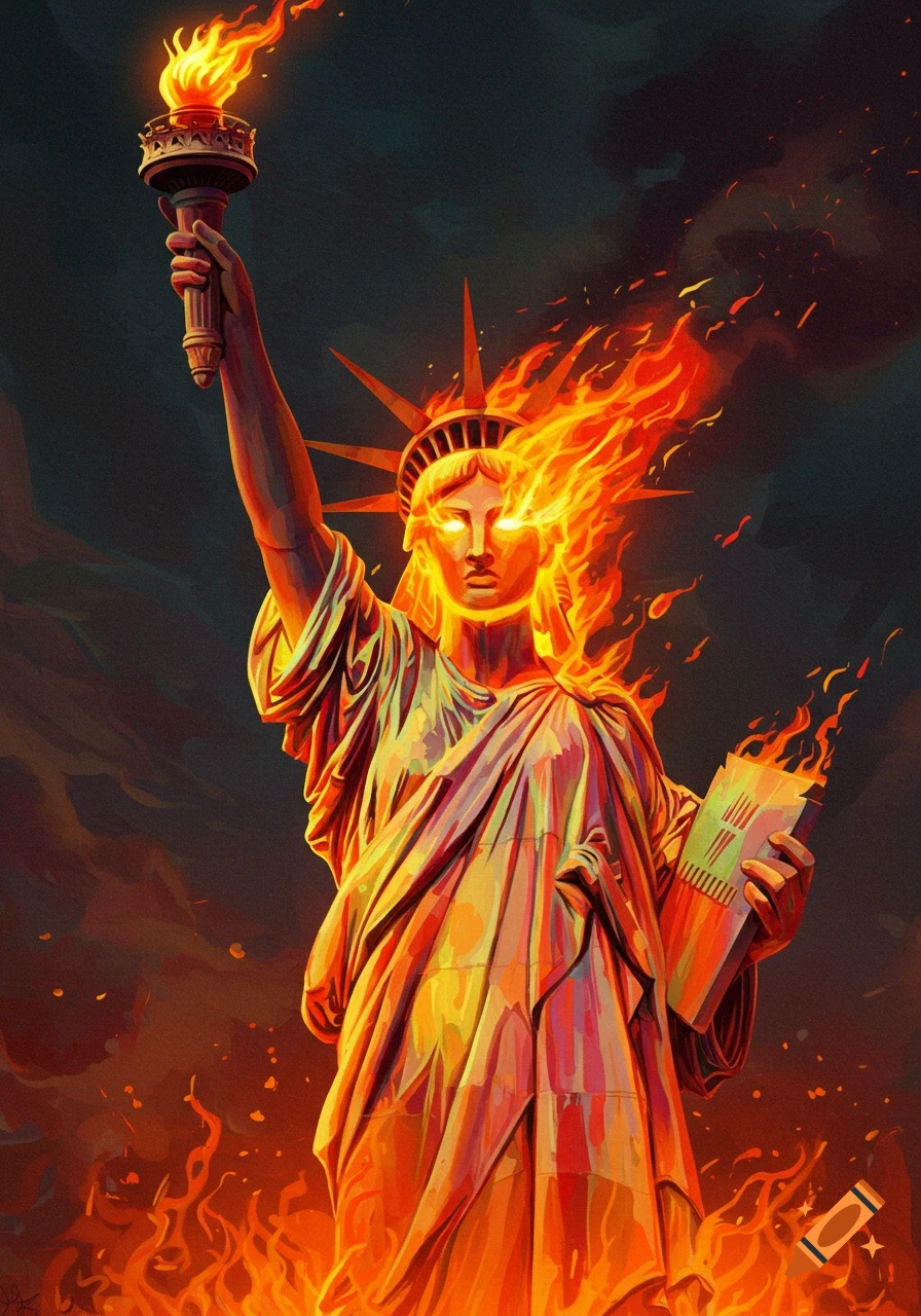 Statue of Liberty engulfed in flames, holding a burning tablet and ...