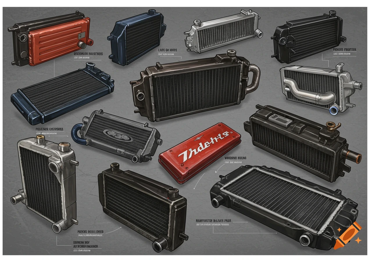 A detailed illustration showing multiple car radiators of different ...