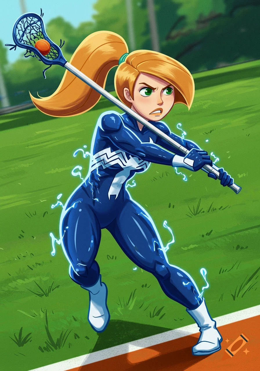 Kim Possible in blue venom suit playing lacrosse on Craiyon