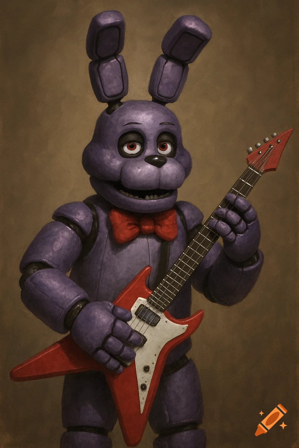 A creepy golden rabbit character with glowing purple eyes and a starry ...