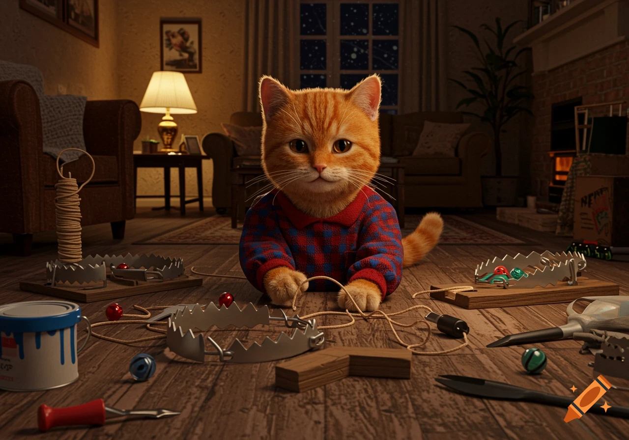 Orange cat as Kevin McCallister from Home Alone plotting traps. on Craiyon