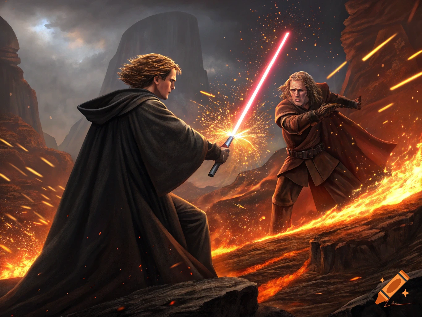 Anakin Skywalker and Darth Sidious fighting Obi-Wan Kenobi on Mustafar ...