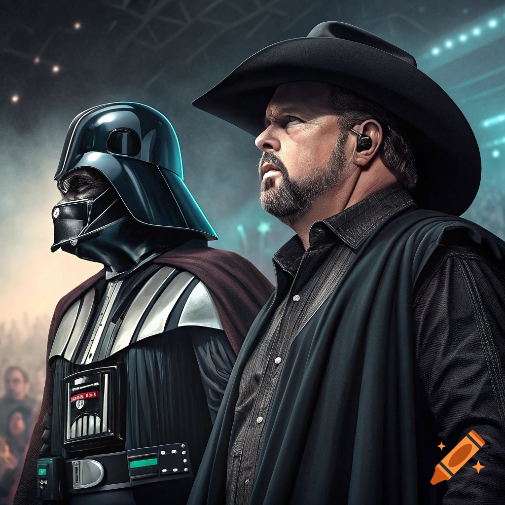 Digital illustration of Darth Vader standing next to a man in a black cowboy hat and cloak in a ...