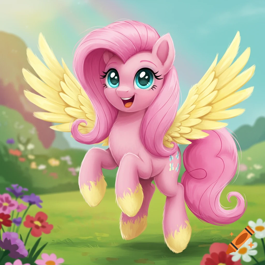 A pink winged pony with pink mane and yellow wings in a grassy field ...
