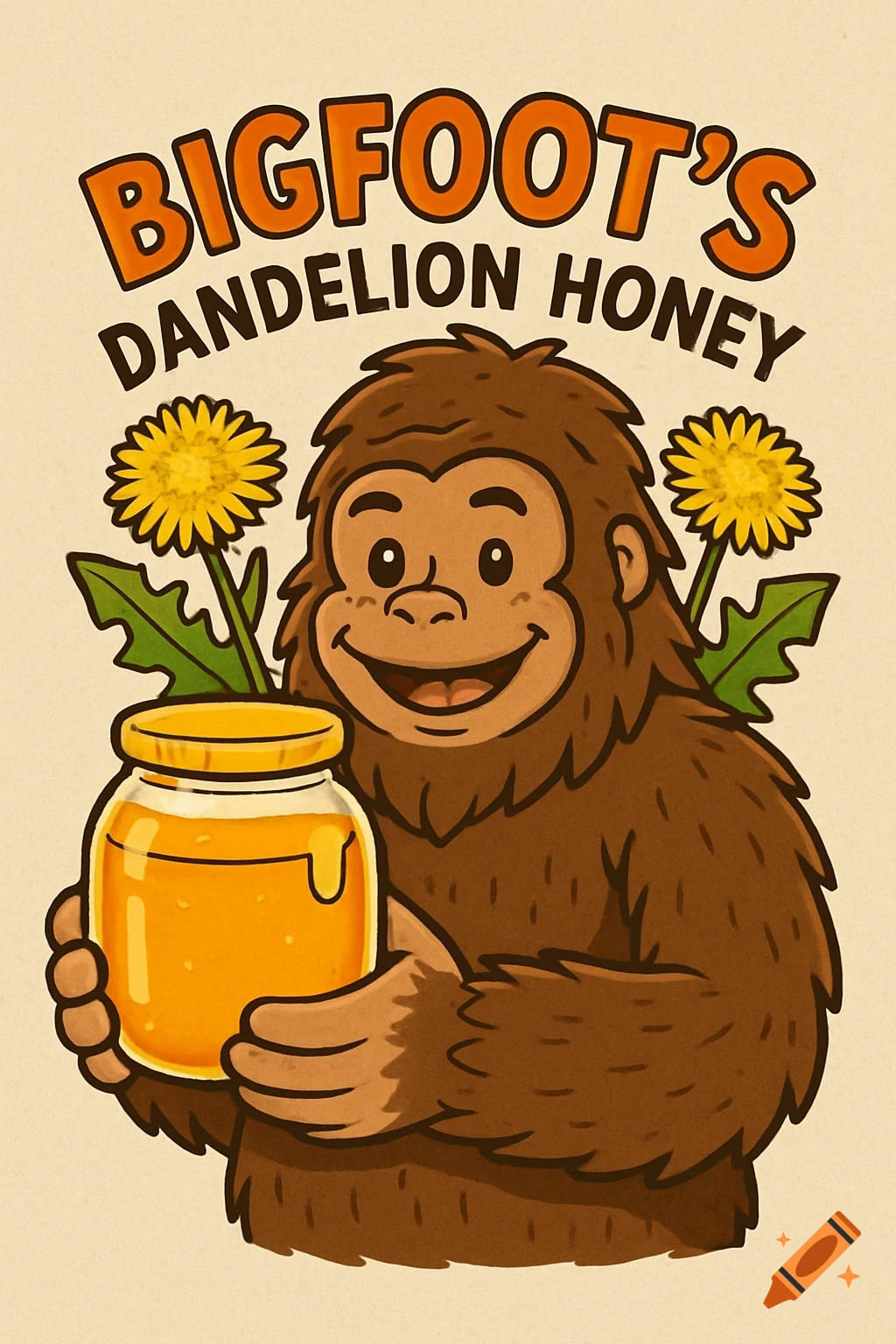 Cartoon Bigfoot holding dandelion honey jar on Craiyon