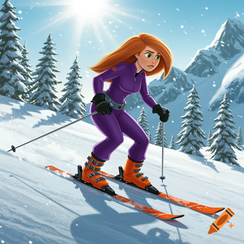 Kim Possible skis down a snowy mountain slope in a purple suit and ...